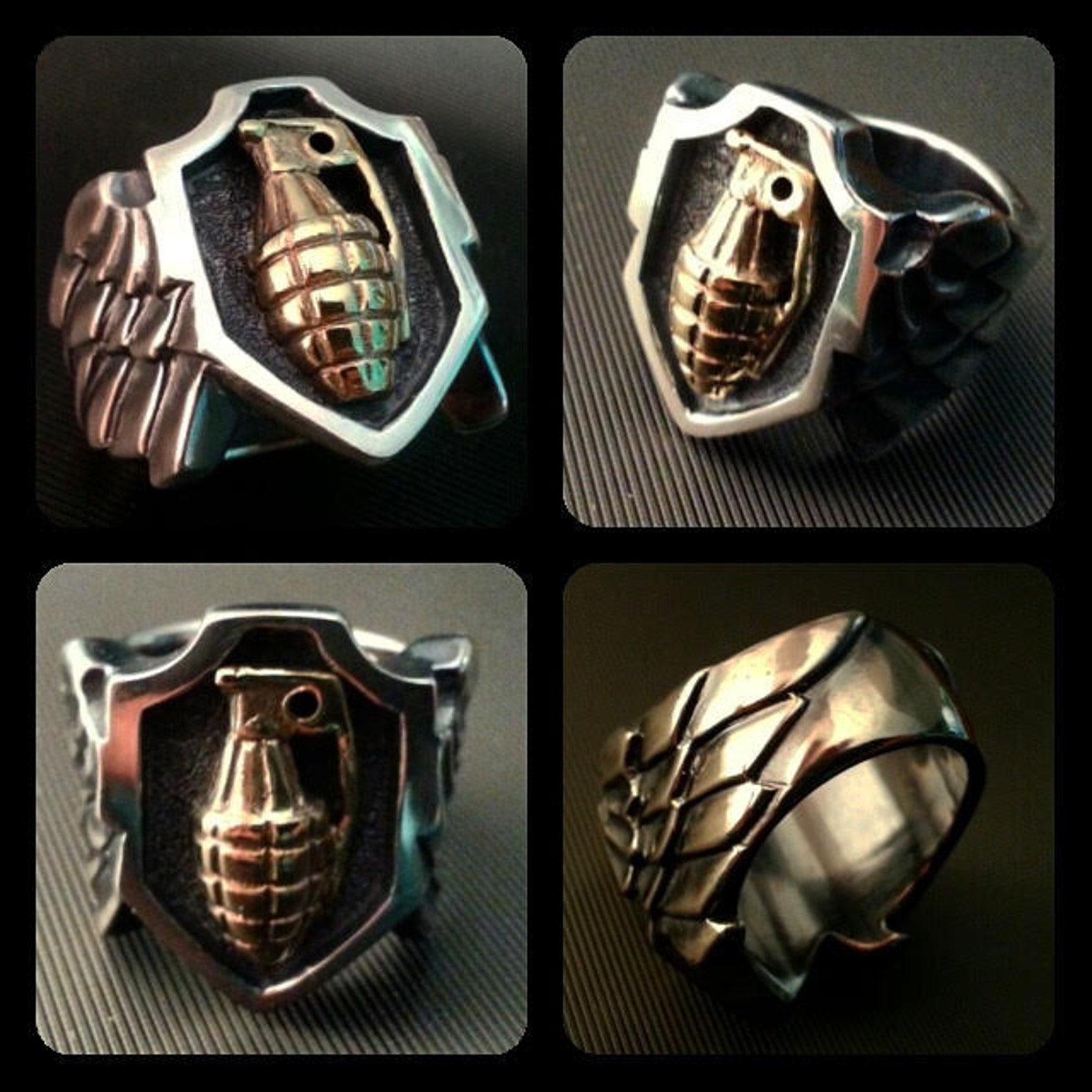 Size 10 Sterling Silver and Brass Flying Grenade Ring for Men's Fashion ...