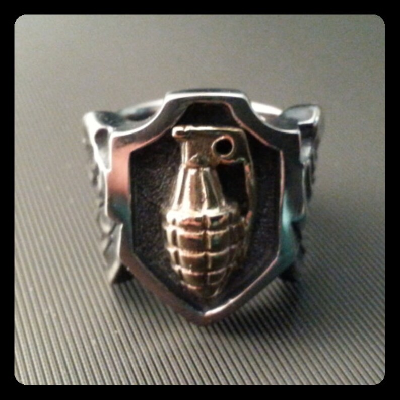 Size 10 Sterling Silver and Brass Flying Grenade Ring for Men's Fashion ...