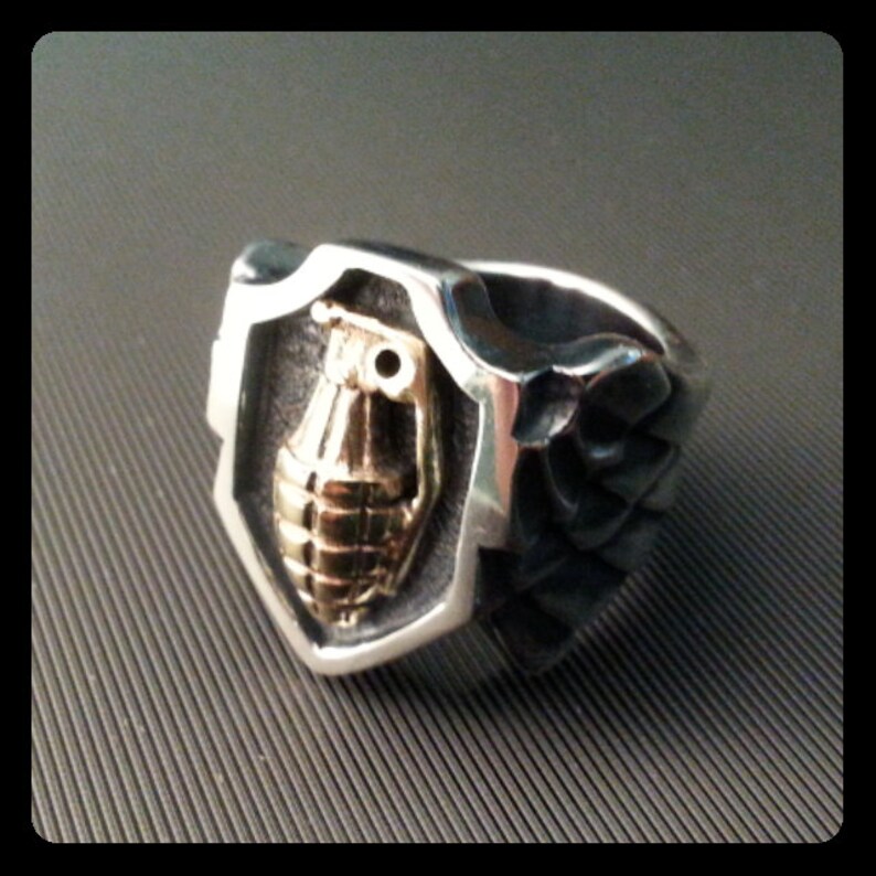 Size 10 Sterling Silver and Brass Flying Grenade Ring for Men's Fashion ...