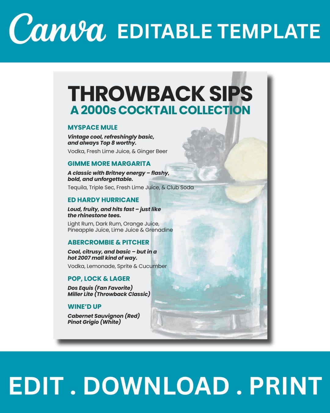 Editable 2000s Party Drink Menu – Canva Template | Y2K Themed Bar Sign ...
