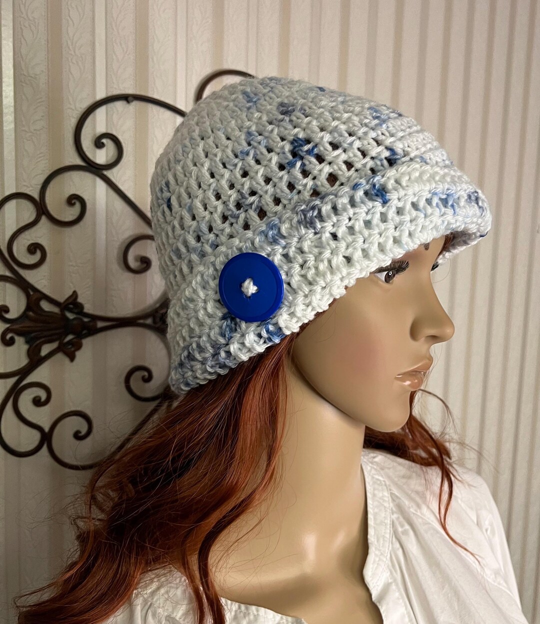 Flipped Brim Crochet Hat White and Blue - Etsy
