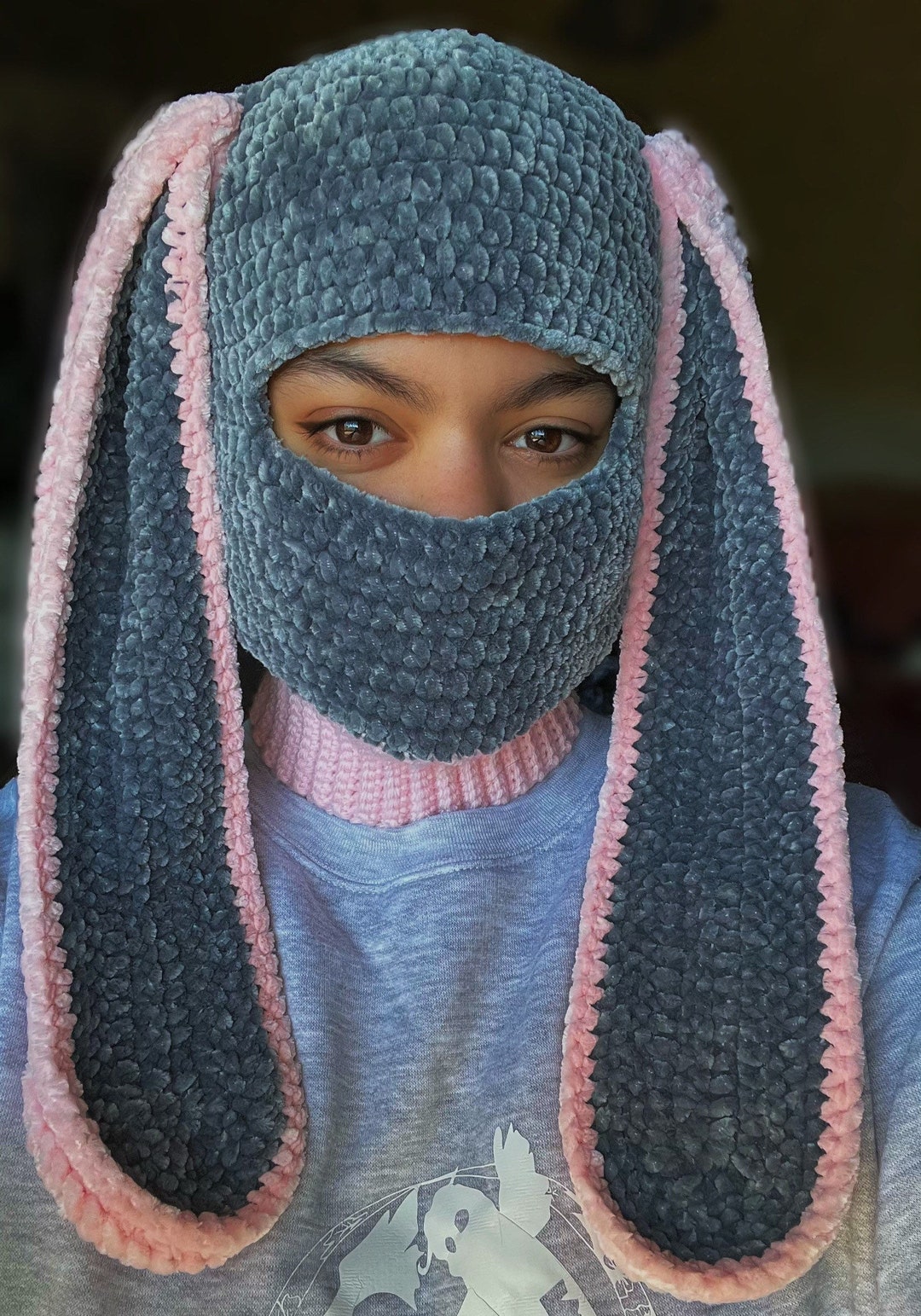 Crochet Bunny Balaclava Ski Mask Crushed Velvet Grey Pink Chromatic ...