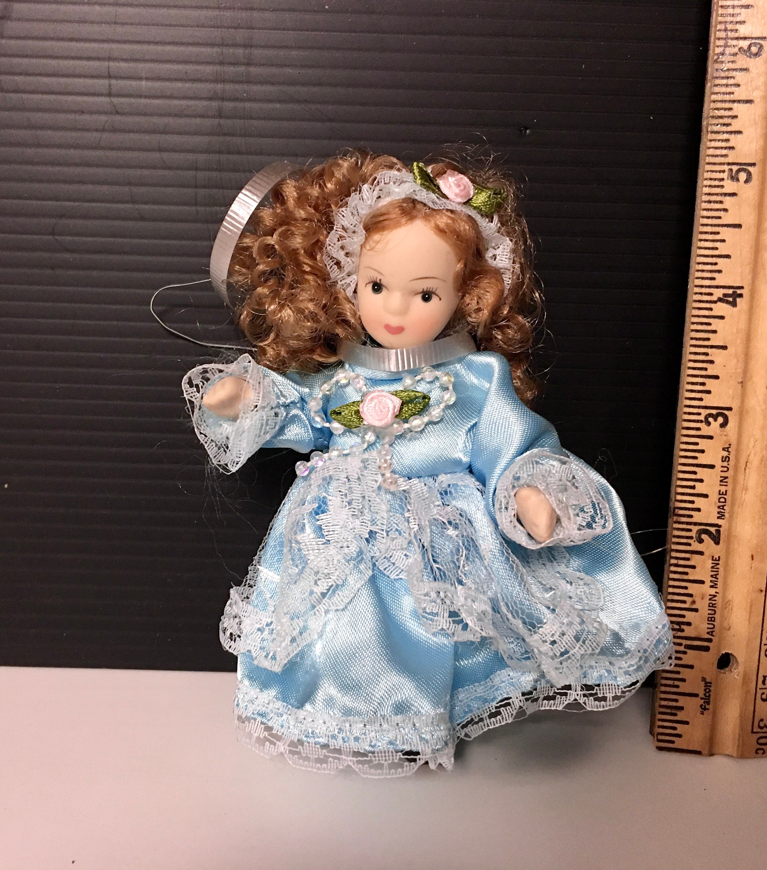 Red Headed Miniature Porcelain Doll in Blue Dress Ornament - Etsy