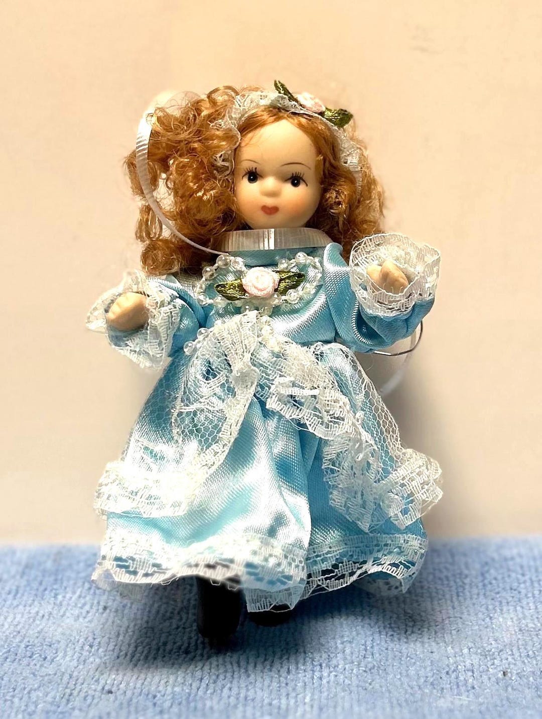 Red Headed Miniature Porcelain Doll in Blue Dress Ornament - Etsy