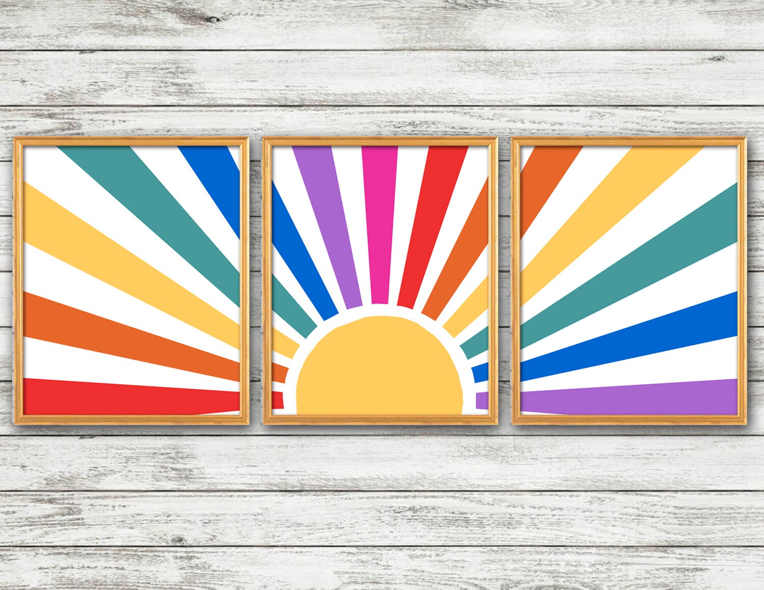 Sun Wall Art, Set of 3 Prints, Sun Rays, Colorful Wall Art, Boho Prints ...