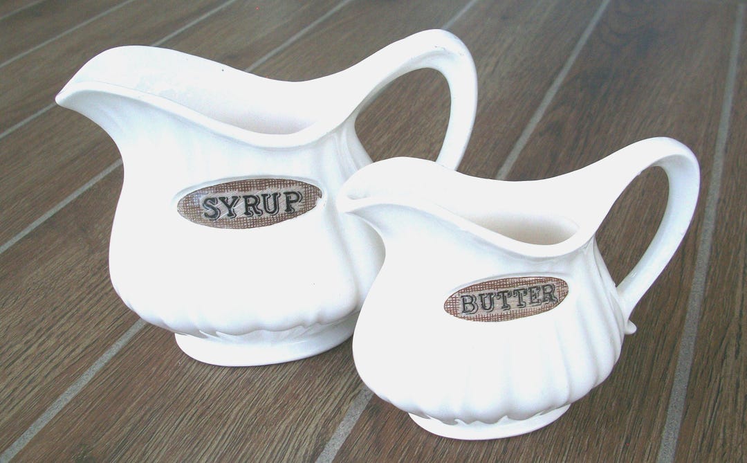 Vintage Syrup & Butter Pitchers Enesco Farmhouse White Creamers, Set of ...