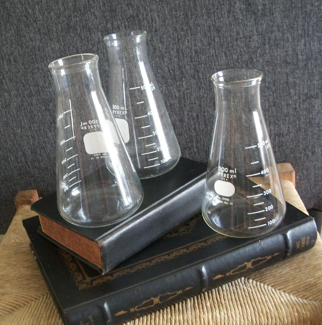 Erlenmeyer Flasks Vintage Set of 3, Pyrex 500 Ml, Laboratory Industrial ...