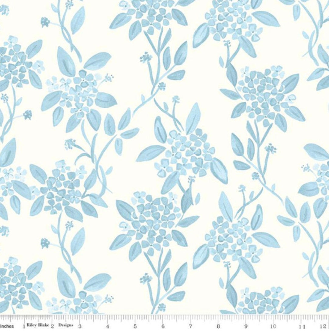 Blue Hydrangeas on Cream Fabric, Portsmouth Main Cloud C12910-CLOUD by ...