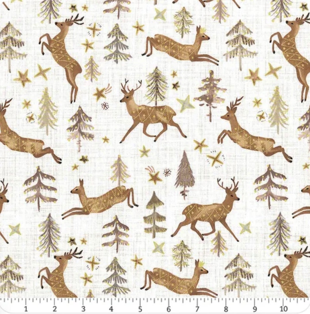 Winter Dreams Stag on White Fabric Yardage, by Bernadett Urbanovics for ...