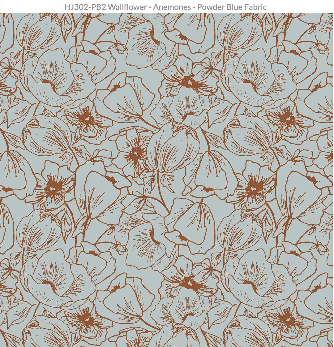 Dusty Blue Botanical Floral Line Drawing, Wallflower Anemones, by Hope ...