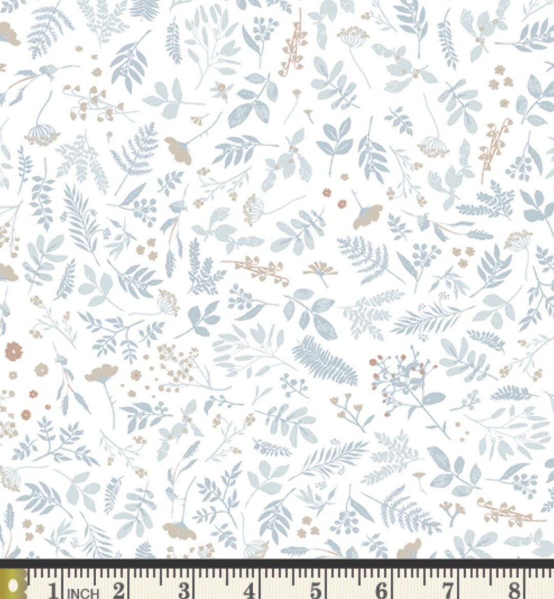 Light Blue Gray and Tan Botanical Fabric, Found Sprigs Mindscape by ...