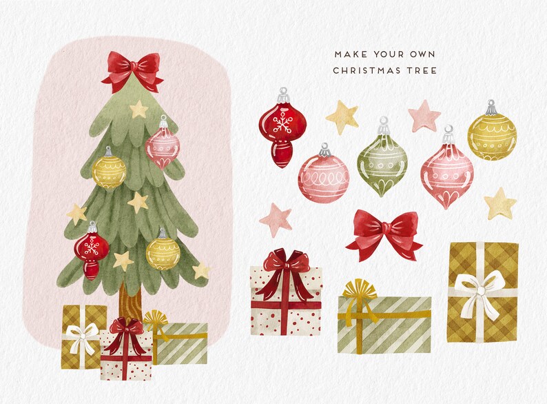 Cute Christmas Watercolor Clipart, Classic Christmas, Digital Planner ...