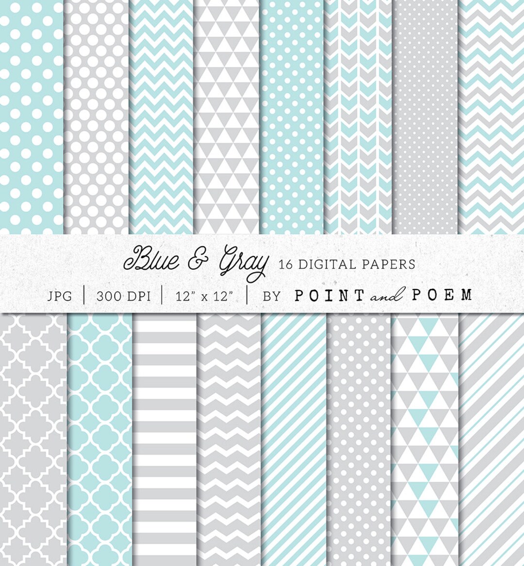 Blue Digital Paper Pack, Digital Scrapbook Paper Pack, Grey Digital ...