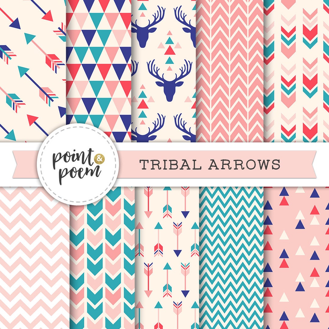 Tribal Digital Papers, Pink, Mint, Green, Arrows Triangles, Chevron ...