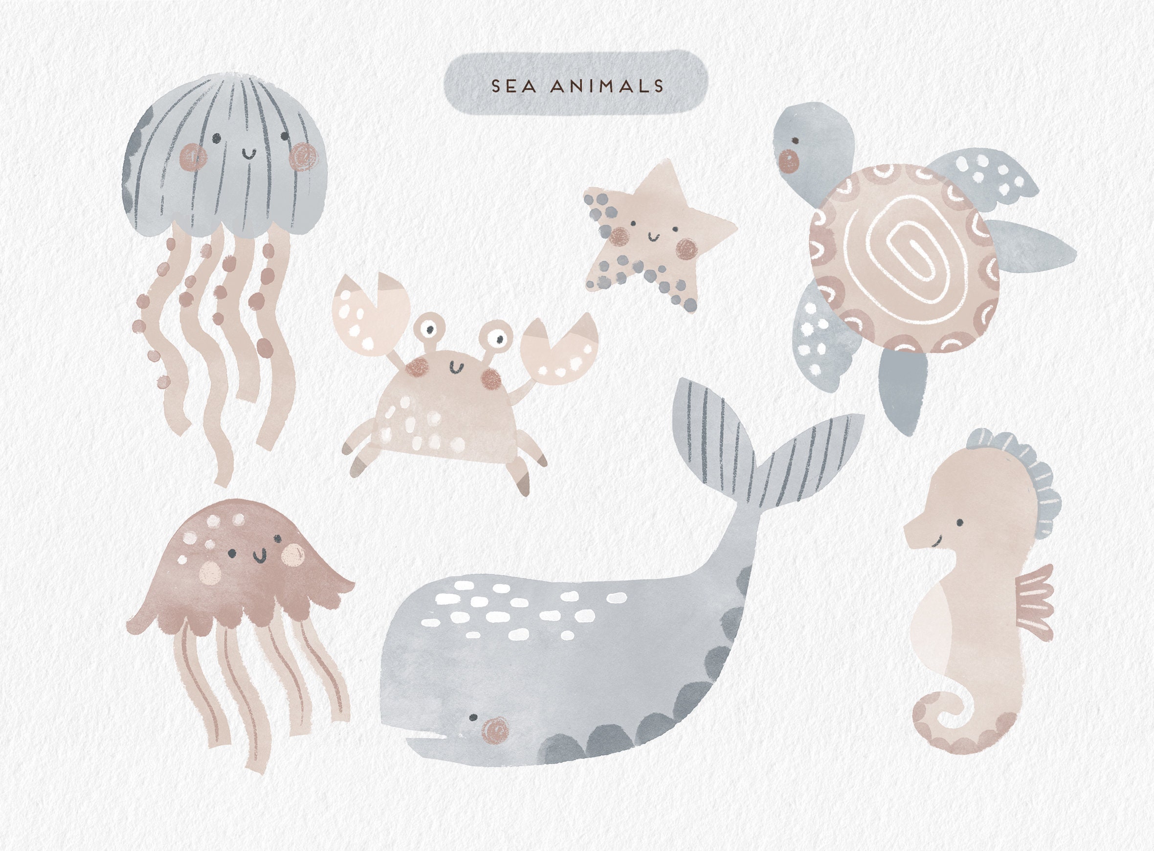 Under the Sea Watercolor Clipart, Cute Saline Animals Digital Clip Art ...
