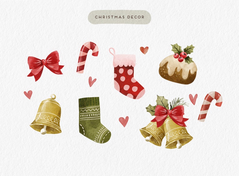 Cute Christmas Watercolor Clipart, Classic Christmas, Digital Planner ...