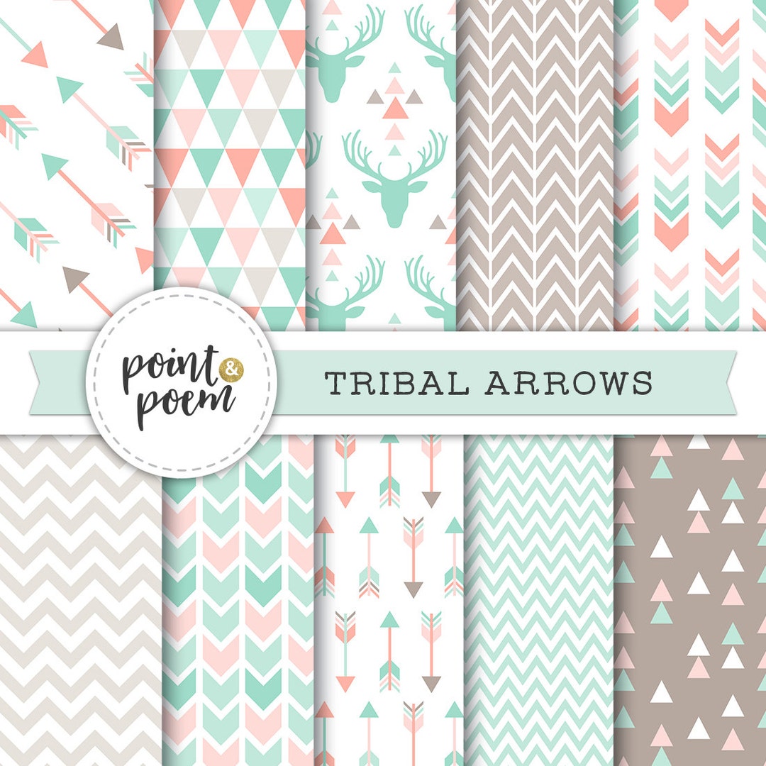 Tribal Digital Papers, Arrows Pink Mint Green Printable Triangles ...