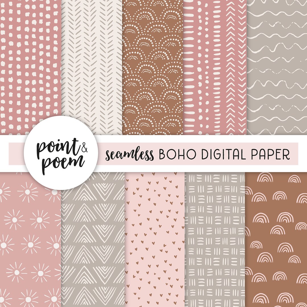 Boho Doodle Seamless Digital Papers, Gray, Pink & Cream Boho Paper Pack ...