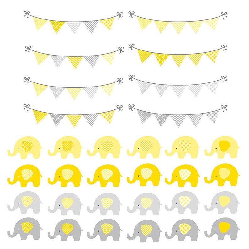 Elephant Clip Art Digital Papers Yellow Gray Baby Shower | Etsy