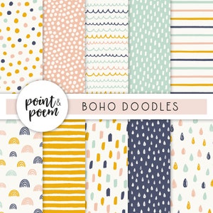 Doodle Digital Papers Pink Yellow & Navy Boho Scandi Digital | Etsy