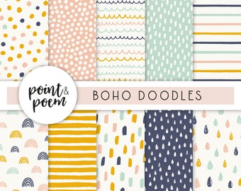 Doodle Digital Papers, Pink Blue & Brown Boho Scandi Digital Paper Pack ...