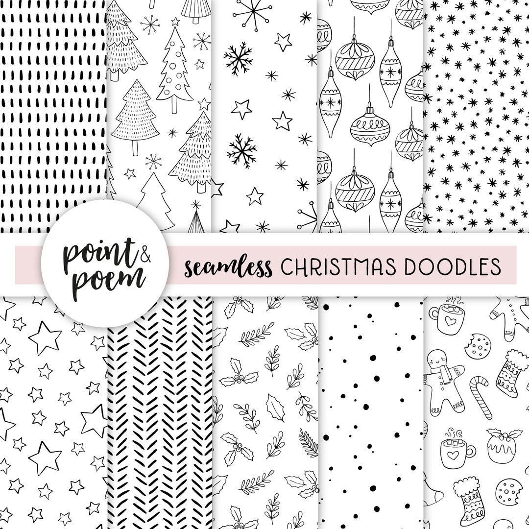 Doodle Christmas Digital Paper, Black and White Scandi Christmas ...