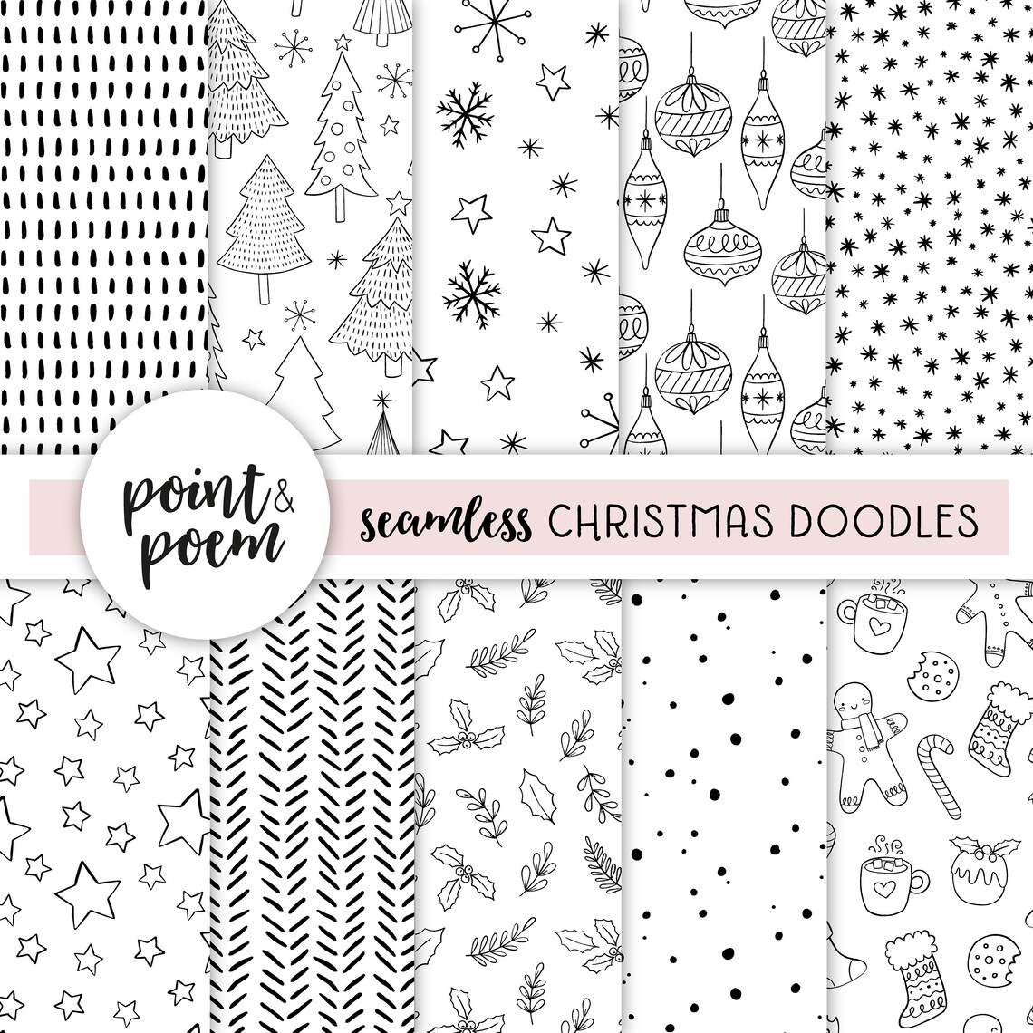 Doodle Christmas Digital Paper Black and White Scandi | Etsy
