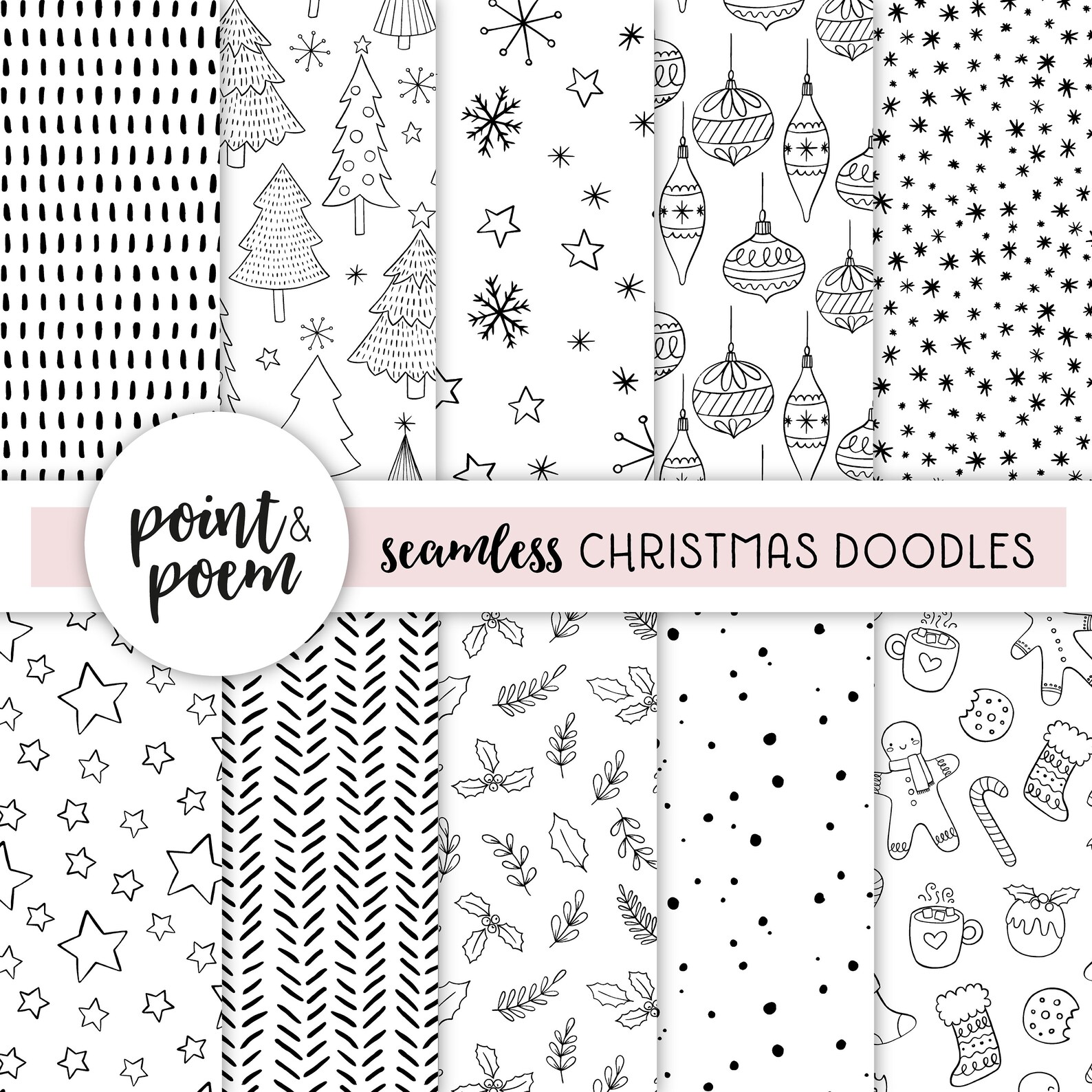 Doodle Christmas Digital Paper Black and White Scandi | Etsy