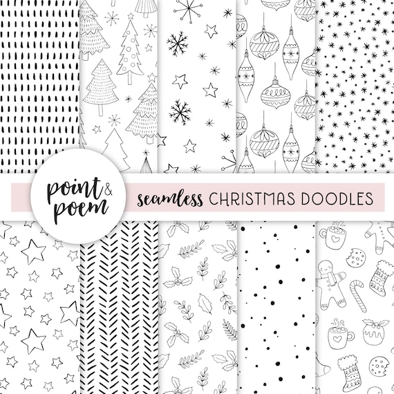 Doodle Christmas Digital Paper Black and White Scandi - Etsy