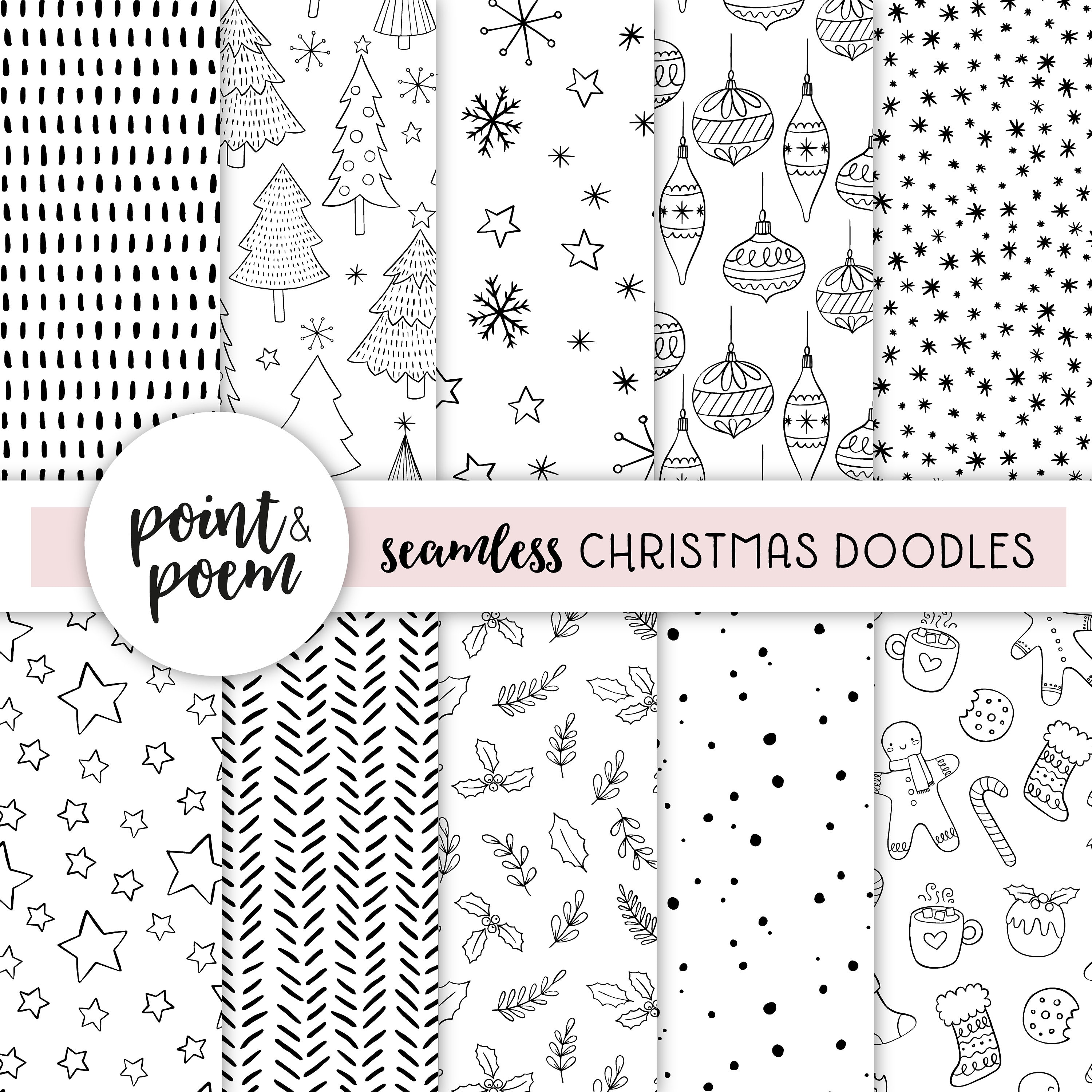 Doodle Christmas Digital Paper Black and White Scandi | Etsy