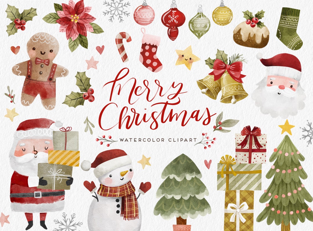 Cute Christmas Watercolor Clipart, Classic Christmas, Digital Planner ...