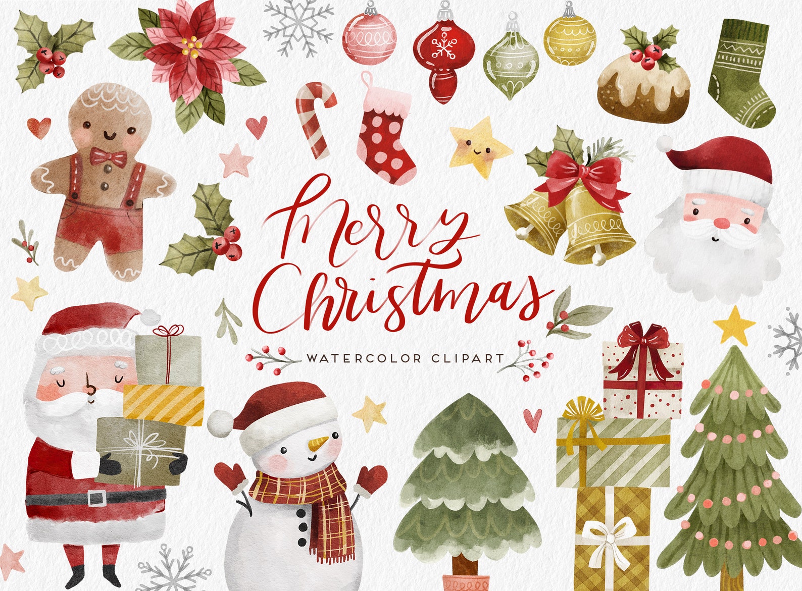 Cute Christmas Watercolor Clipart Classic Christmas Digital - Etsy