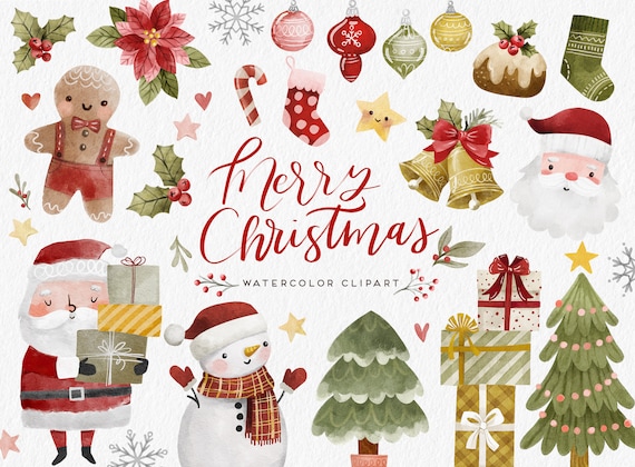 Cute Christmas Watercolor Clipart Classic Christmas Digital - Etsy UK