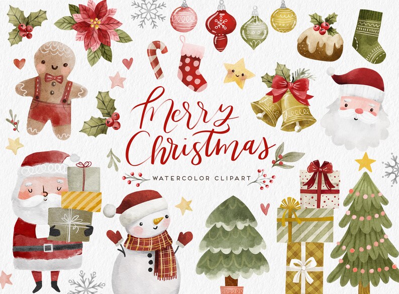 Cute Christmas Watercolor Clipart, Classic Christmas, Digital Planner ...