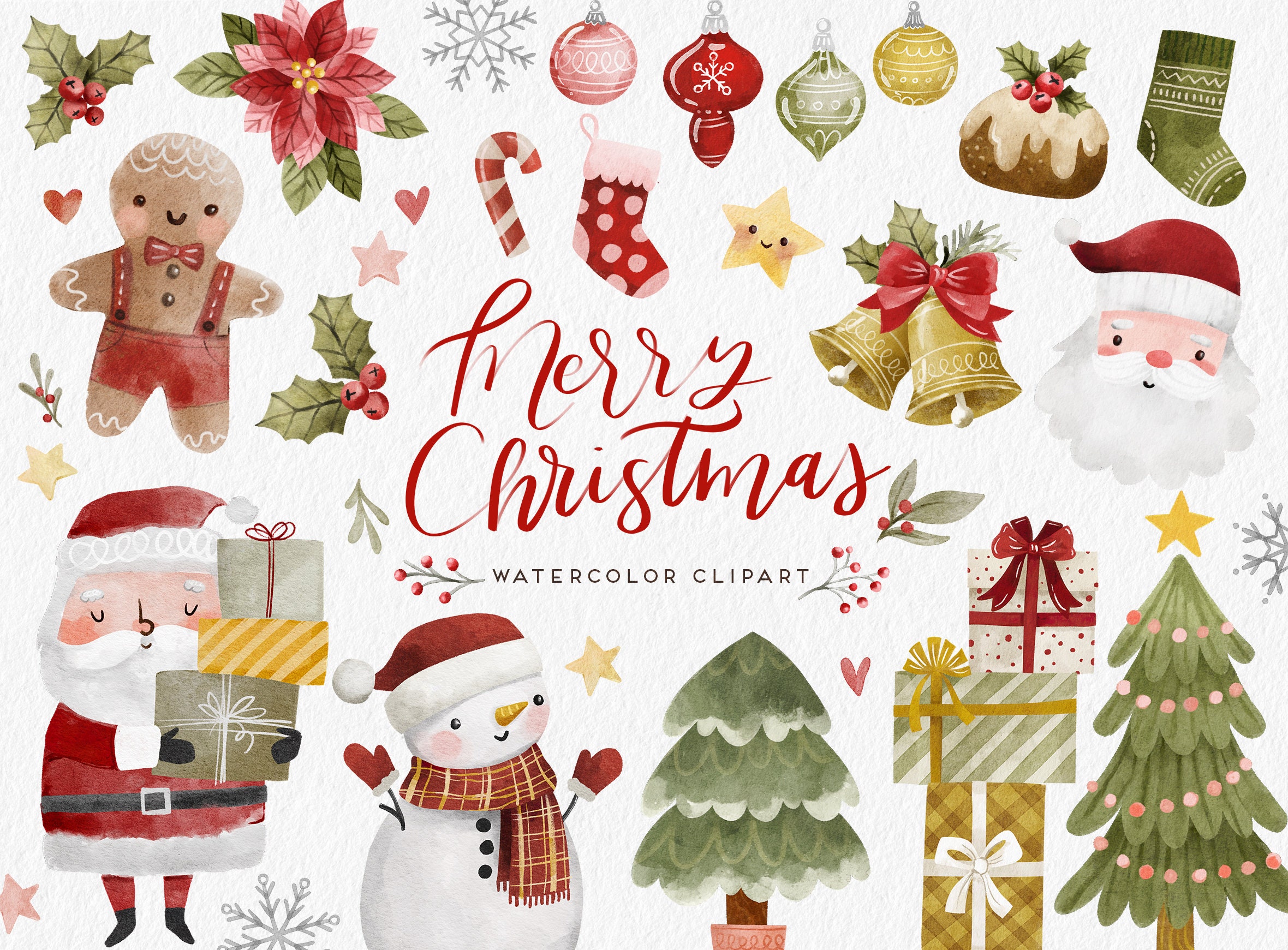 Cute Christmas Watercolor Clipart, Classic Christmas, Digital Planner ...