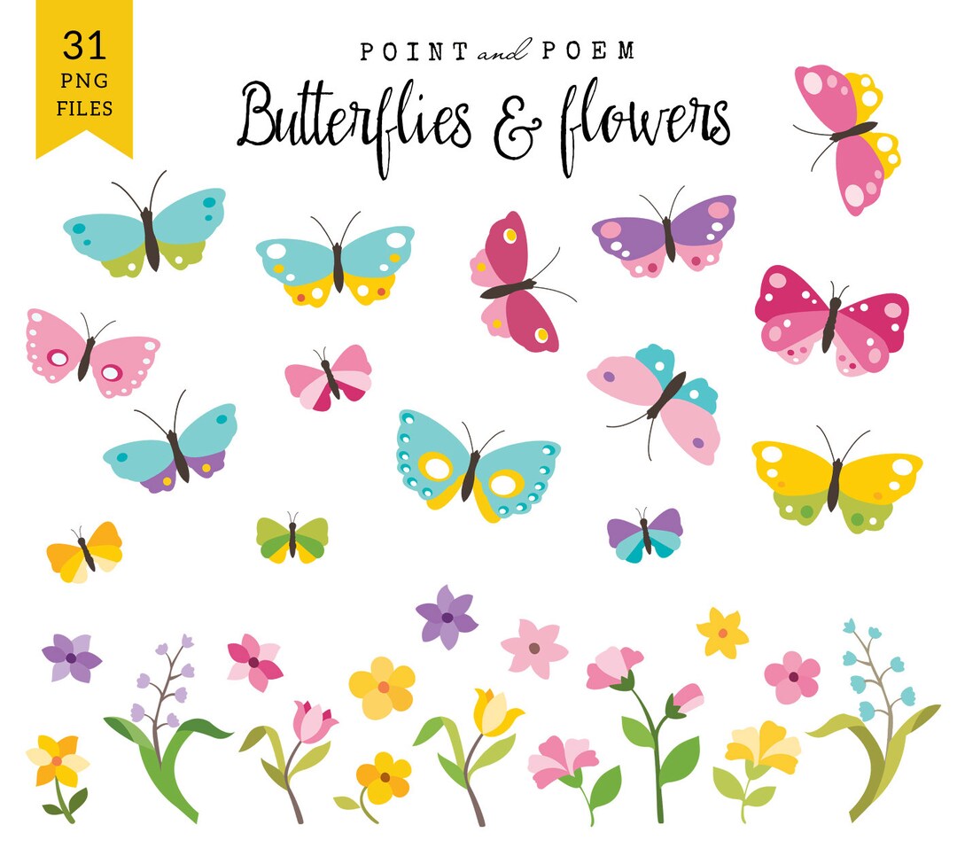 Spring Clip Art: "butterfly & Flowers" - Commercial Use - Etsy