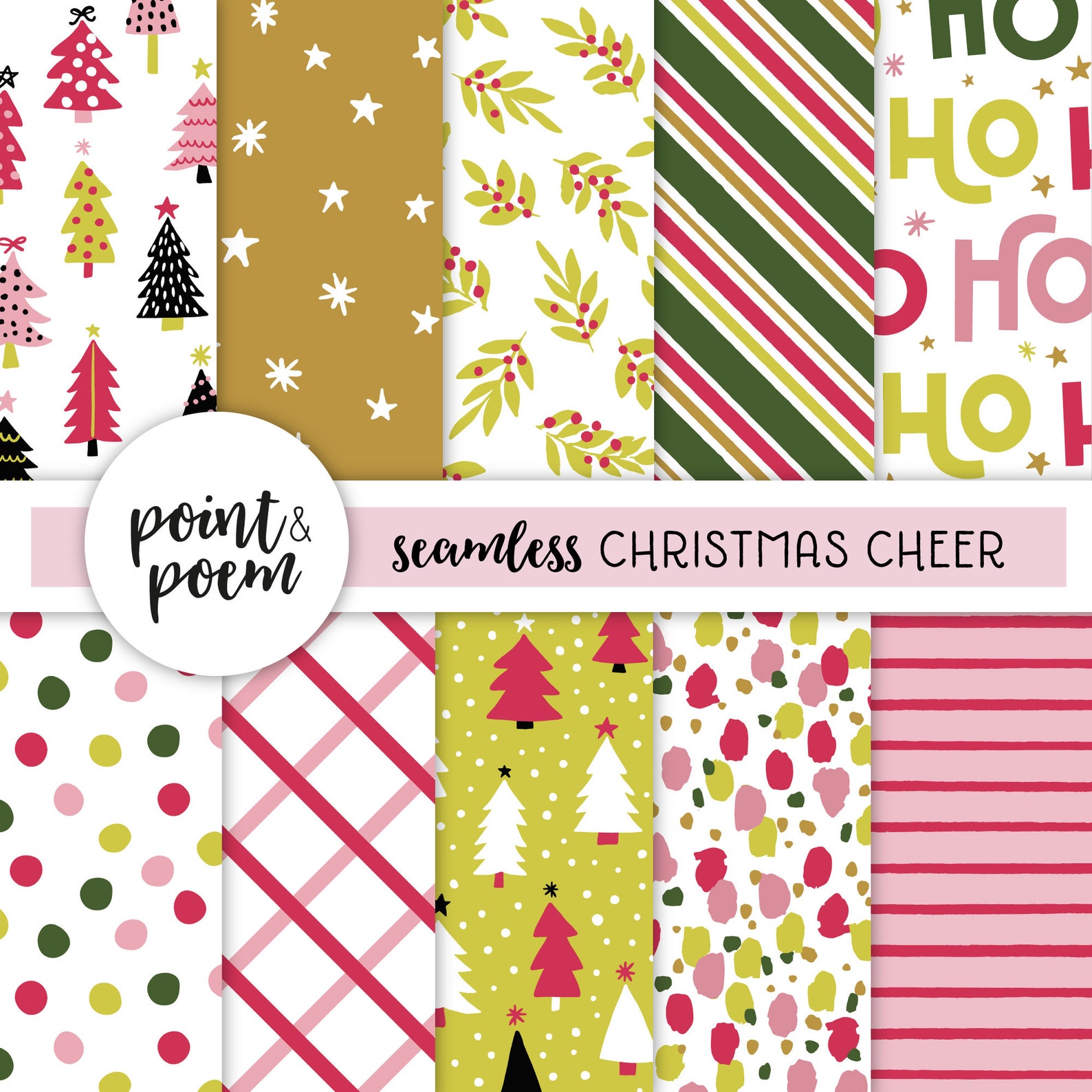 Christmas Digital Paper Pink Green Scandi Christmas Digital - Etsy
