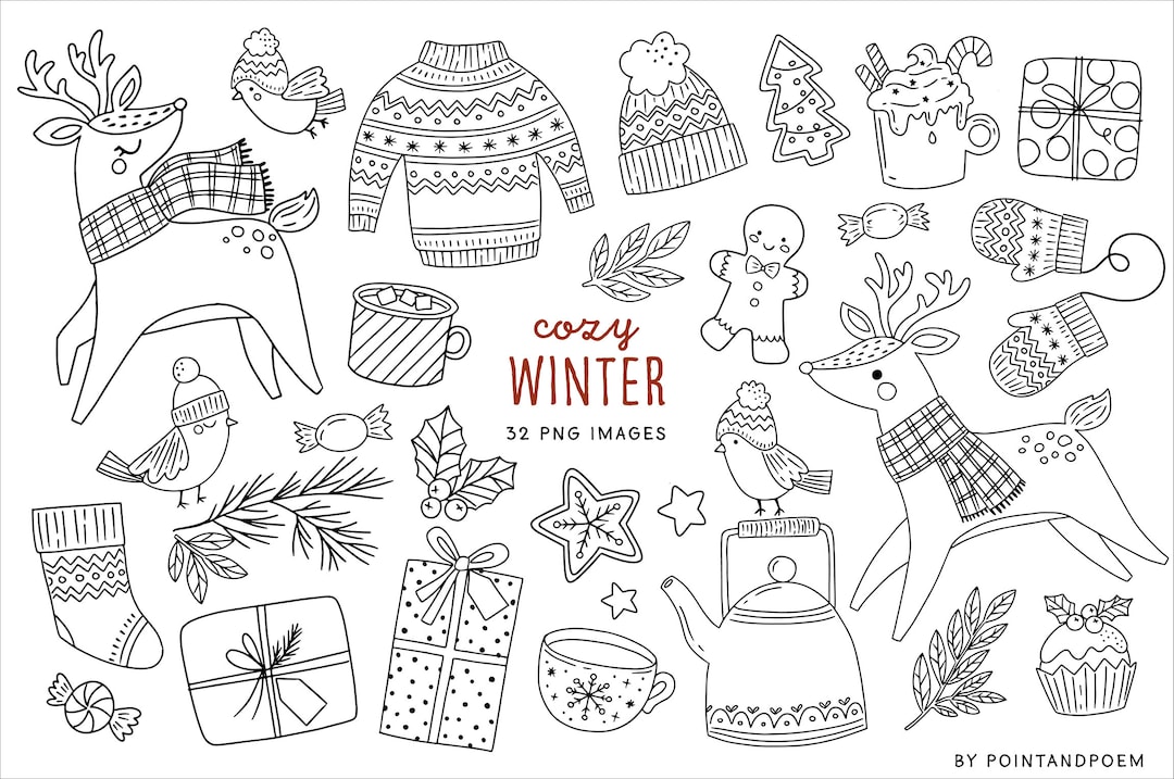 Cute Christmas Digital Stamps. Cozy Winter Clipart. Coloring Christmas ...