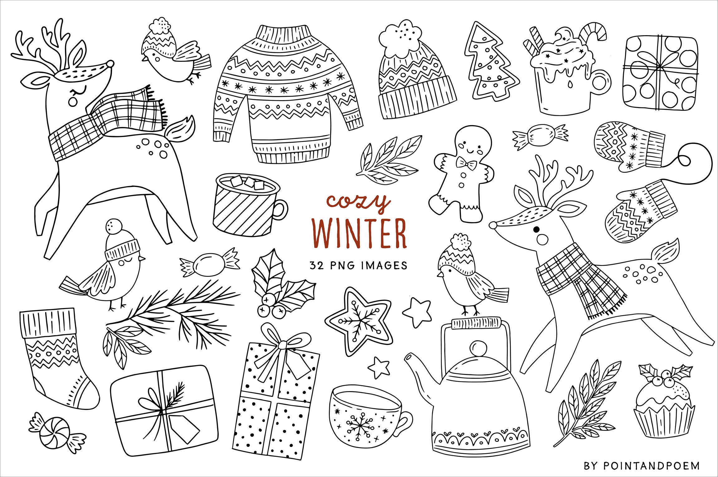 Cute Christmas Digital Stamps. Cozy Winter Clipart. Coloring - Etsy