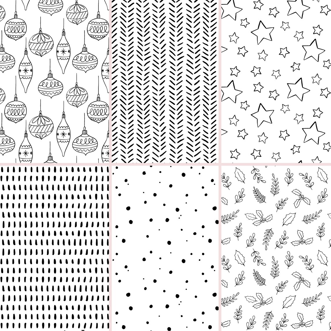 Doodle Christmas Digital Paper Black and White Scandi | Etsy