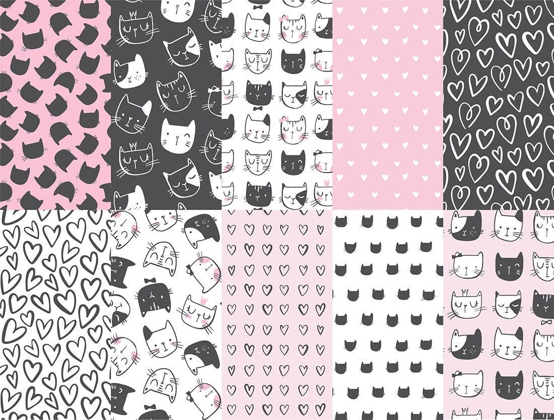 Cat Clipart and Digital Paper Doodle Cat Faces Clip Art and - Etsy