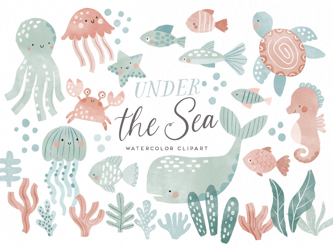 Under the Sea Watercolor Clipart, Cute Saline Animals Digital Clip Art ...