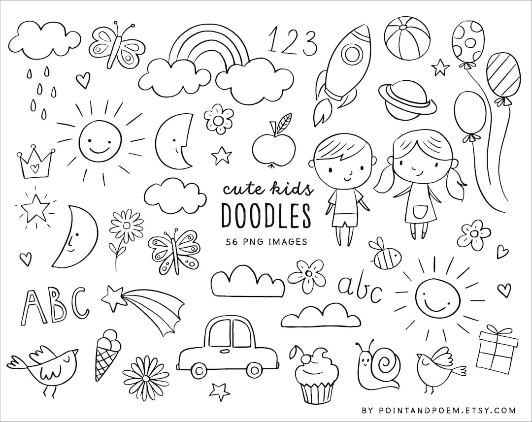 Kids Doodle Clipart, Cute School Clipart | Digital Stamps | Hand-drawn ...