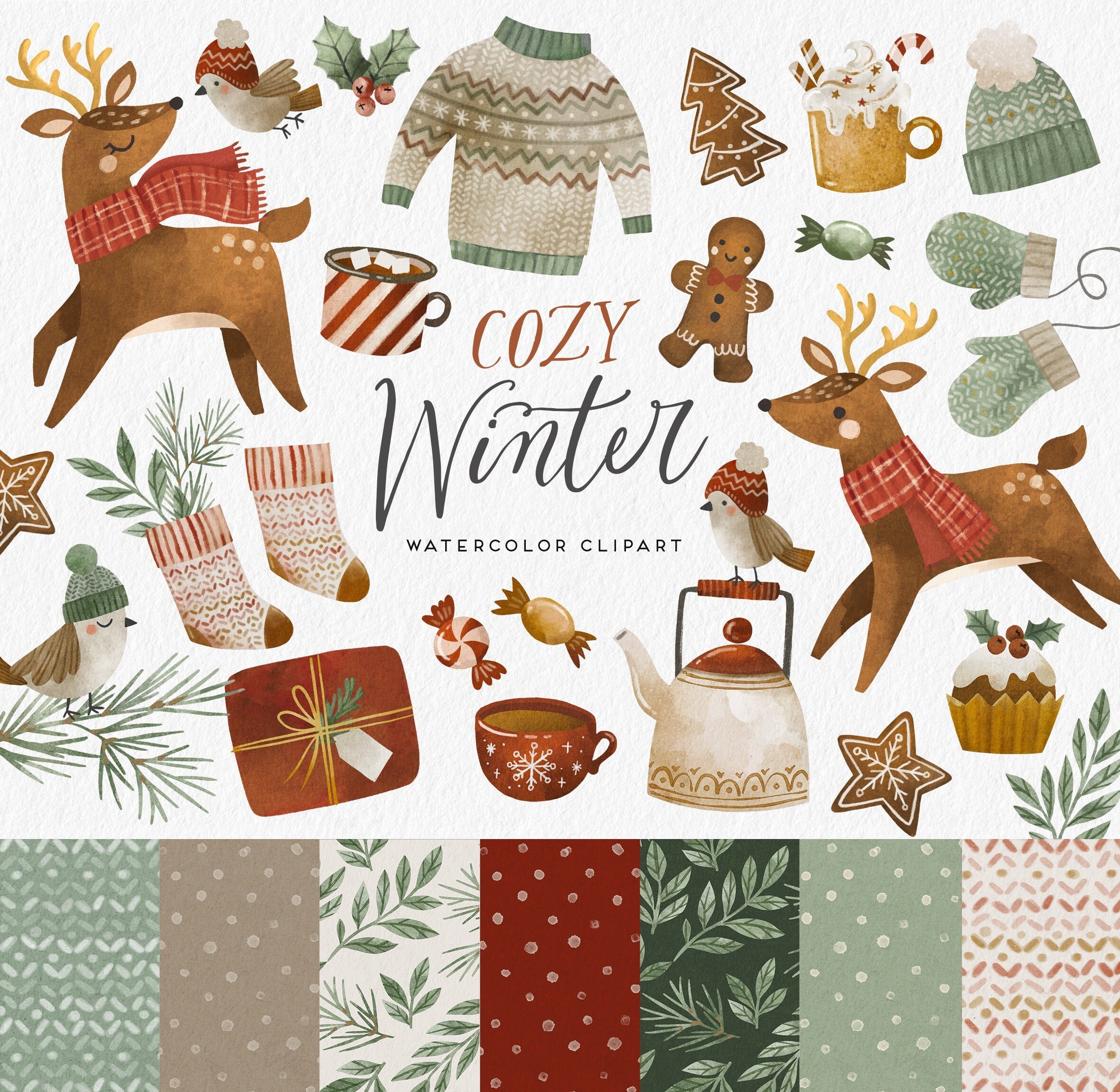 Cute Christmas Watercolor Clipart, Cozy Winter Watercolor Graphics, Christmas Digital Paper ...