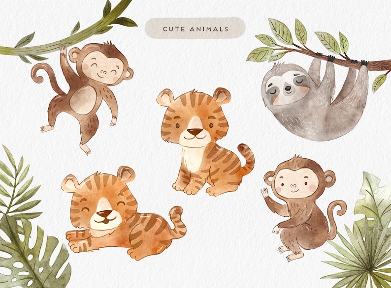 Jungle Animals Watercolor Clipart, Cute Tropical Clipart, Rainforest ...