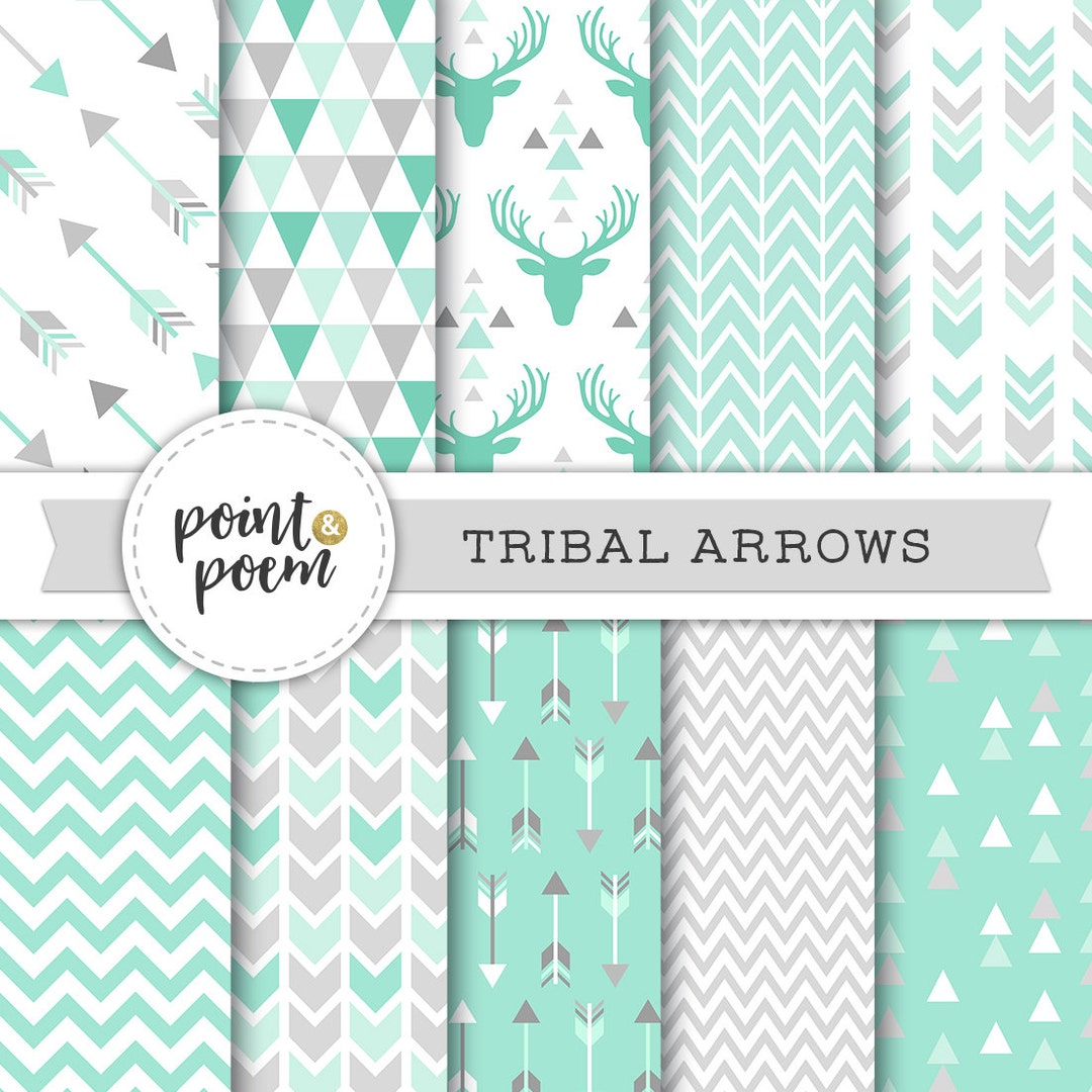 Digital Paper Arrows, Tribal, Mint Green Gray, Arrows Triangles Chevron ...
