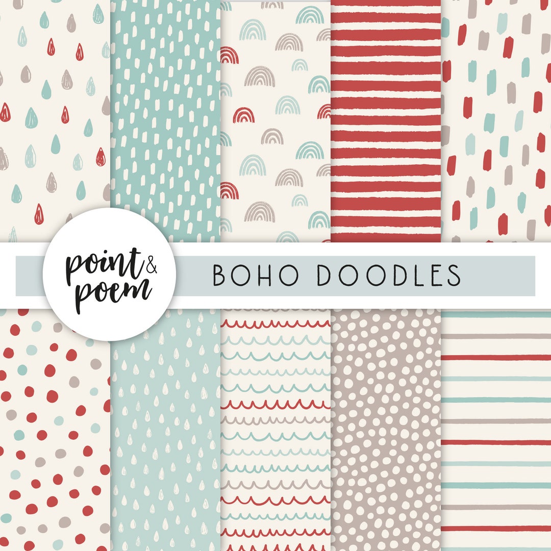 Doodle Digital Papers, Red & Blue Boho Christmas Scandi Digital, Hand ...
