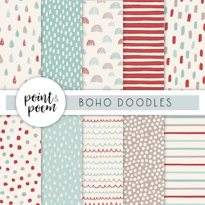 Doodle Digital Papers Red & Blue Boho Christmas Scandi - Etsy