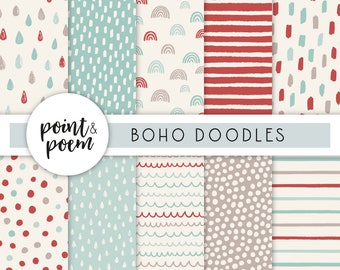 Doodle Digital Papers, Red & Blue Boho Christmas Scandi Digital, Hand ...