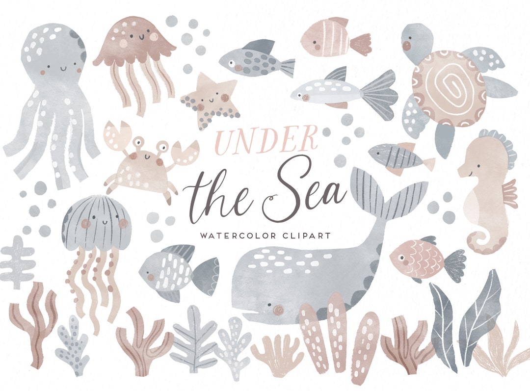 Under the Sea Watercolor Clipart, Cute Saline Animals Digital Clip Art ...